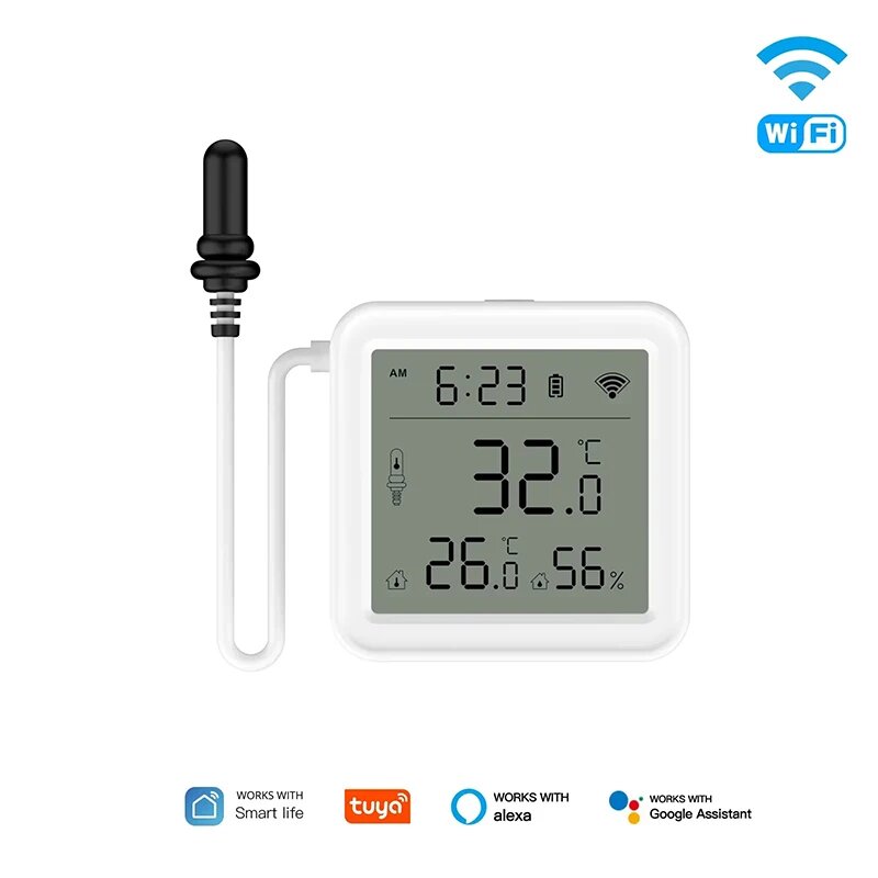 Умный Wi-Fi датчик температуры и влажности с внешним кабелем, зонд, управление через приложение Tuya, совместимое с Alexa и Google Home