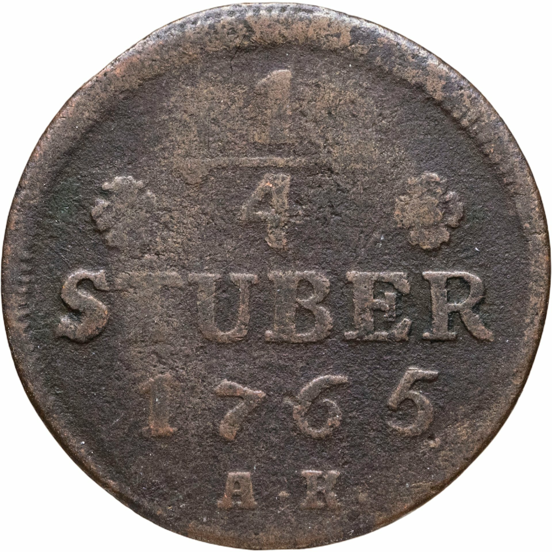 Юлих-Берг ¼ штюбера 1765, Медь, в сохранности F