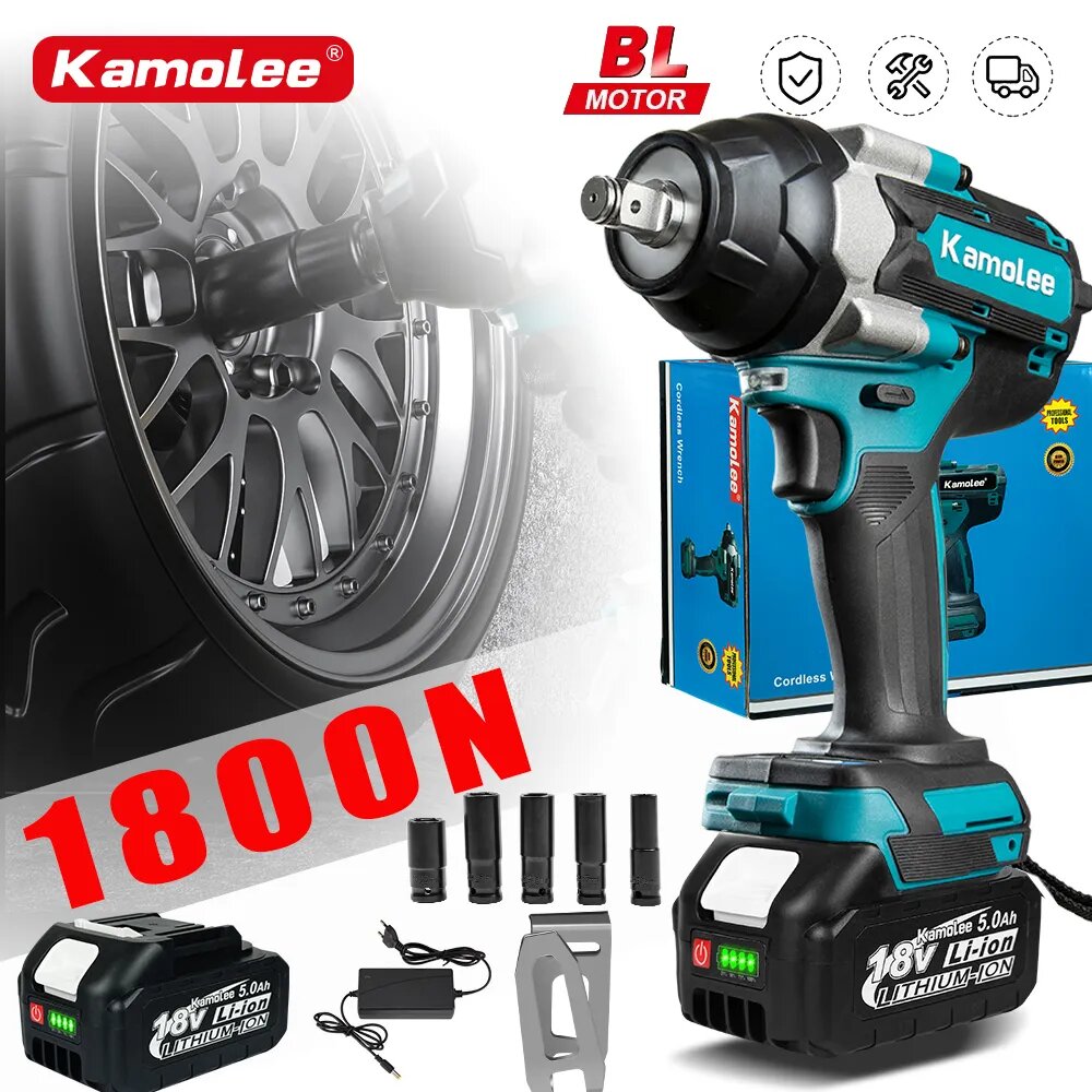 Электрический ударный гайковерт Kamolee DTW700, 1/2 дюйма, 1800 НМ, мощность 2600 Вт, с 5 ударными головками