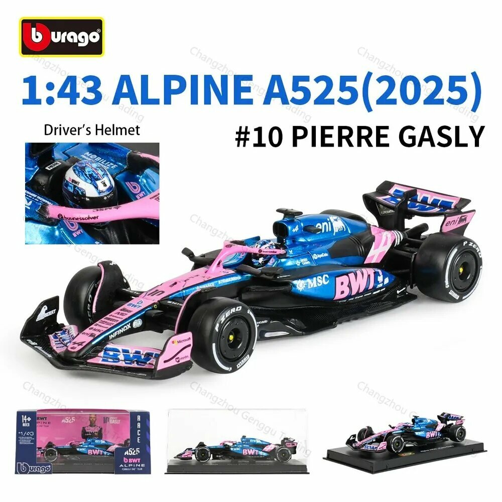 Акриловая прозрачная коробка Bburago 1:43 BWT Alpine A525 Гран-при Монако 2025 Формульный болид Формулы-1, Литые под давлением автомобили, коллекционная модель гоночных игрушек
