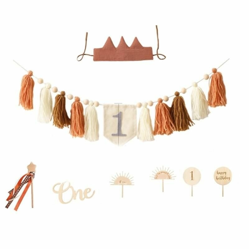 Набор баннеров для детской шляпки на день рождения-Коричневый-Набор 1-го дня рождения