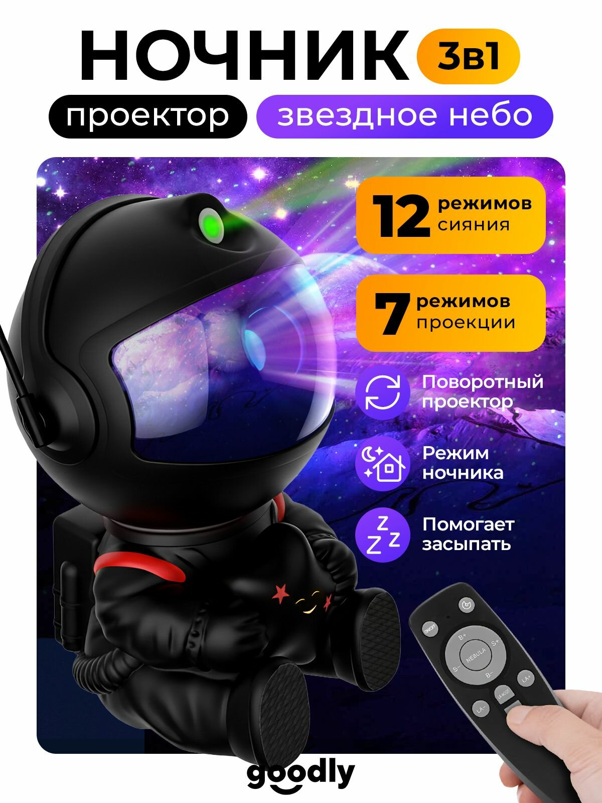 Проектор звездного неба Goodly Starry Sky Projector Космонавт, ночник детский для сна, настольный светильник, светодиодный, лазерный режим, 12 проекций, пульт управления, черный
