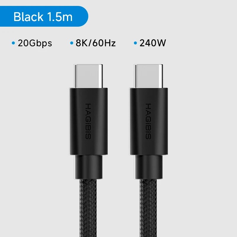 Кабель USB C Hagibis, черный, 1.5m, 20Gbps