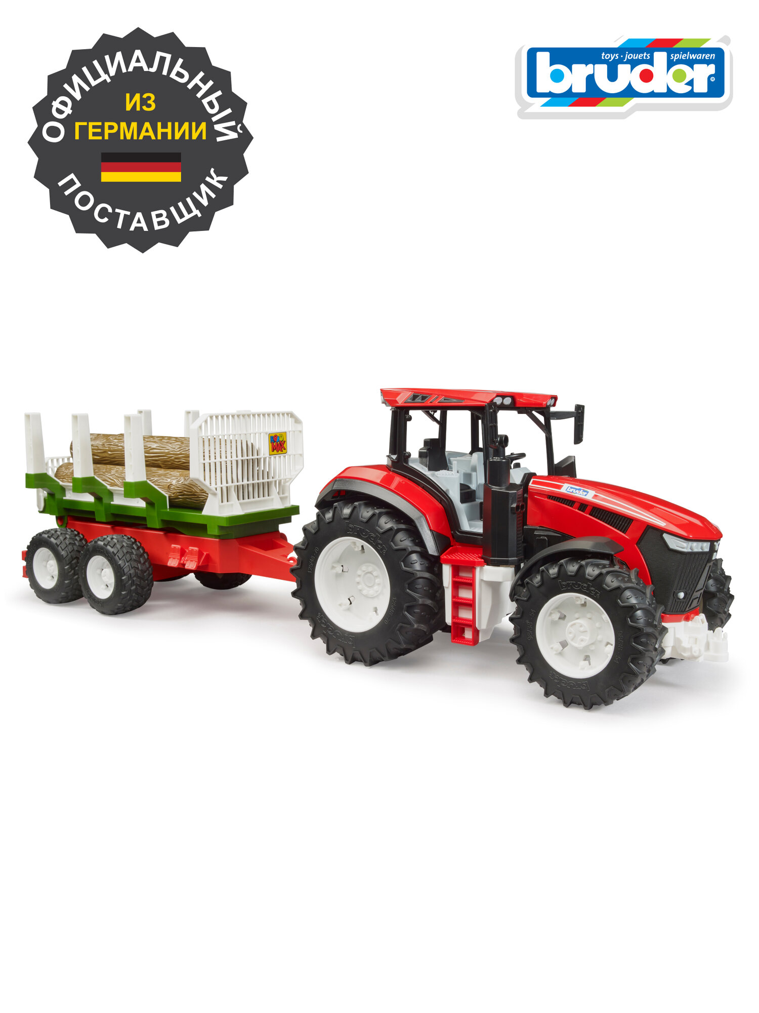 Брудер, Трактор с лесозаготовительным прицепом и 3 бревнами, Bruder, длина 20 см, 03-453
