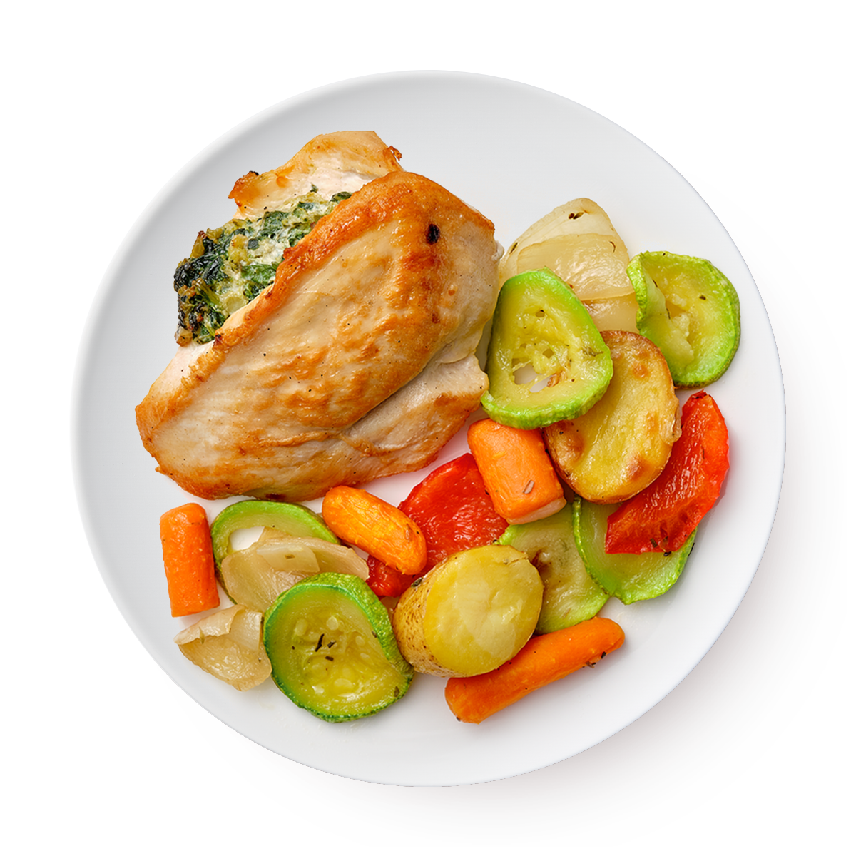 Кето-курица с начинкой из брокколи и шпината с запечёнными овощами «Грабли»