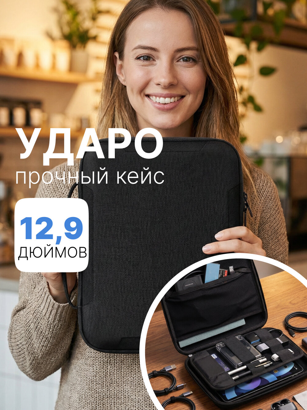 Чехол для планшета 12.9 дюймов противоударный MORUSSI, универсальный, твердый, защитный, черный