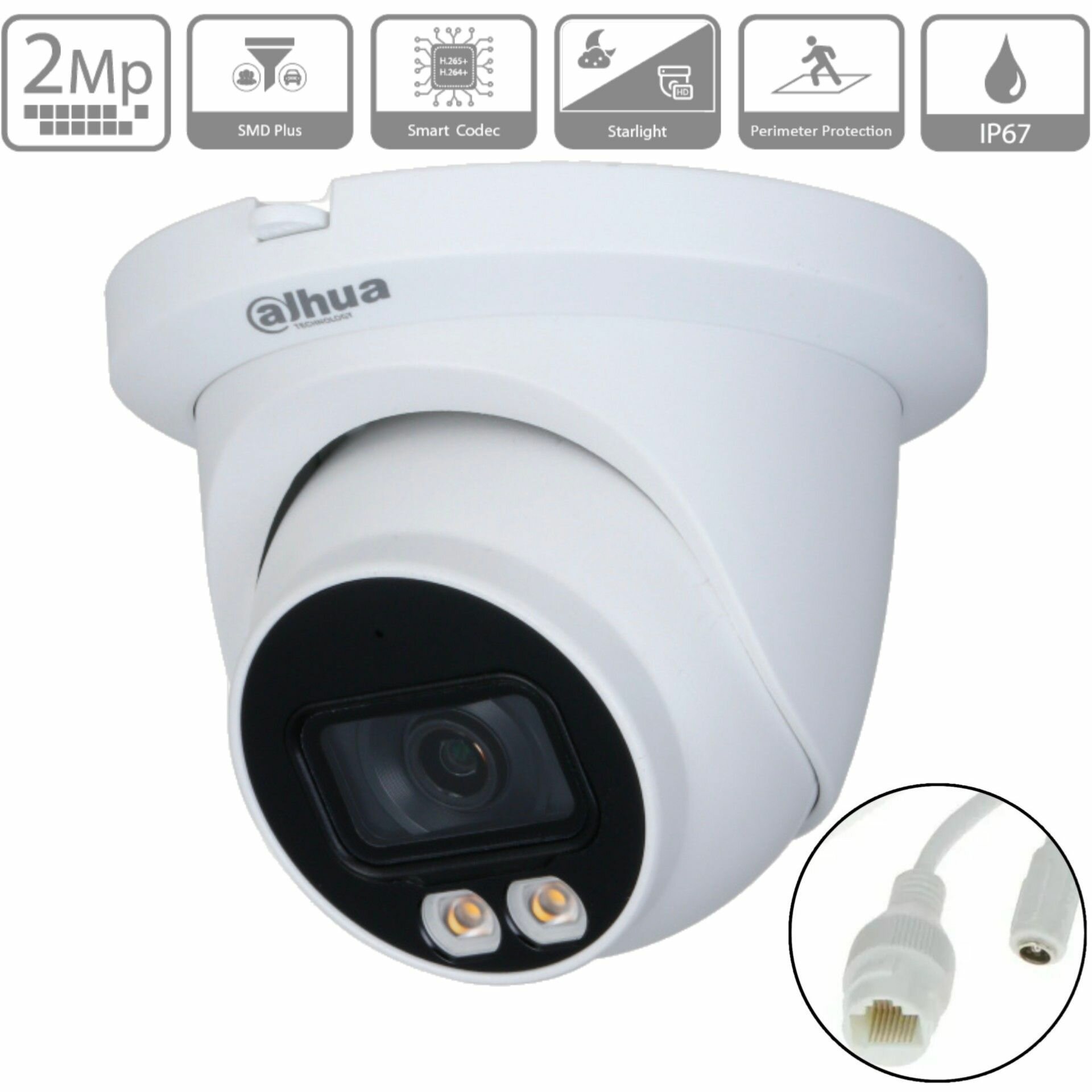 Dahua DH-IPC-HDW3249TMP-AS-LED-0280B 2Мп 2,8 мм камера видеонаблюдения IP уличная, цифровая купольная IP видеокамера для улицы и помещений с LED-подсветкой, 1080P Full HD, CMOS 1/2.8"