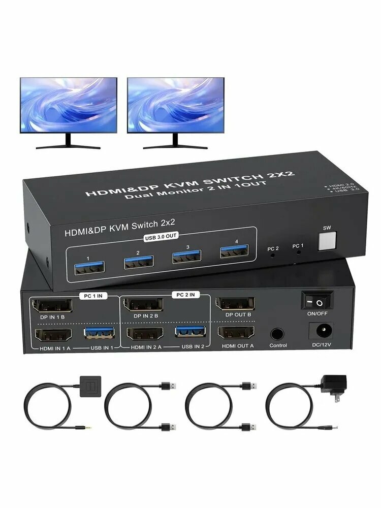 KVM-переключатель HDMI DP, 2 монитора, 2 компьютера 4K@60Hz 4xUSB 3.0 с пультом дистанционного управления и адаптером питания