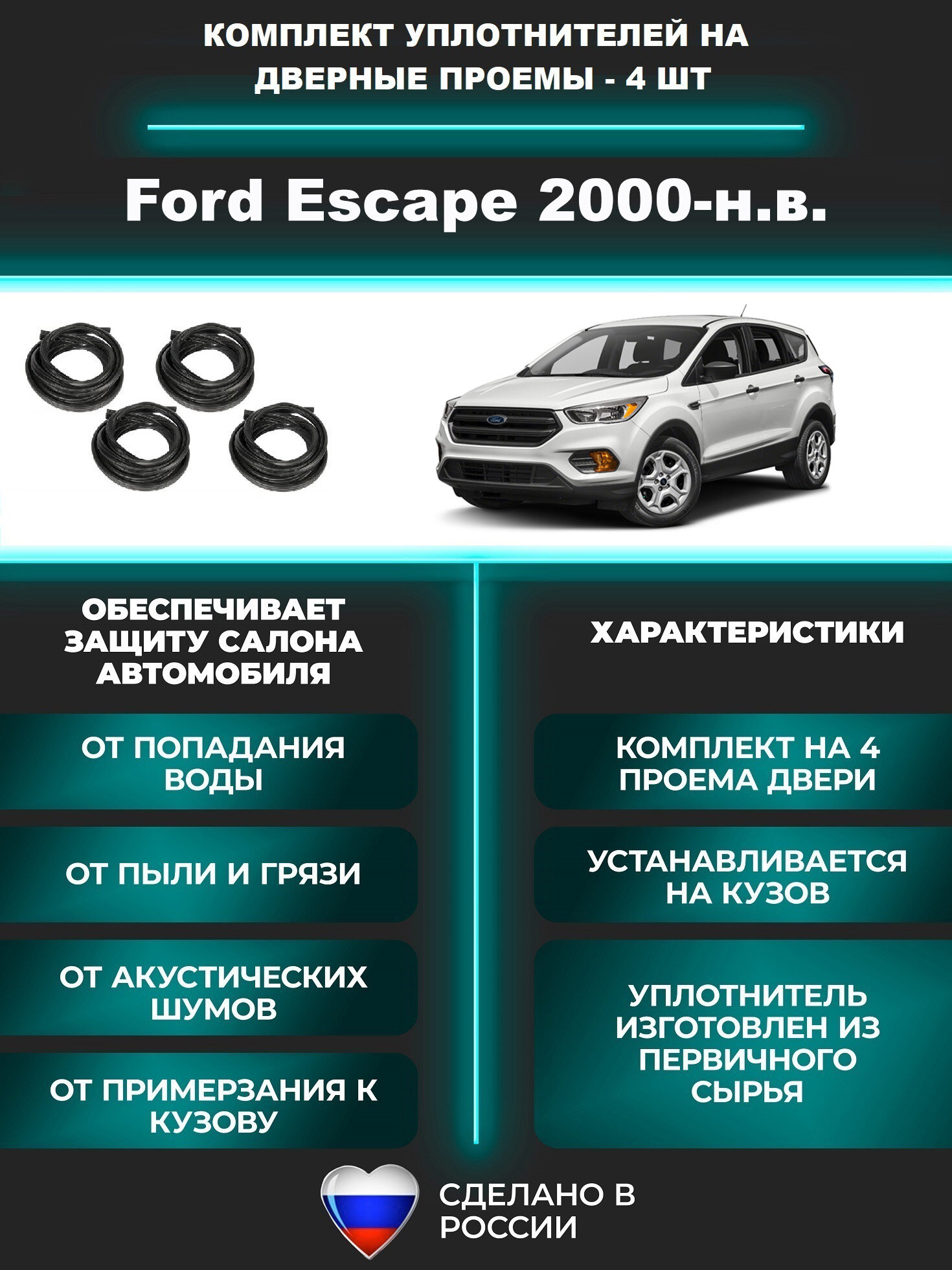 Комплект уплотнителей на проем дверей для Ford Escape 2000-н. в, Форд Эскейп, 4 шт