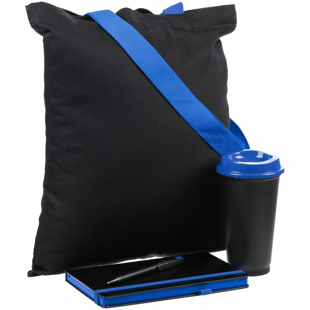 Подарочный набор Velours Bag, черный с синим, сумка: 35х40 см; ежедневник: 13х20,8 см; стакан: 8,9х15,6 см