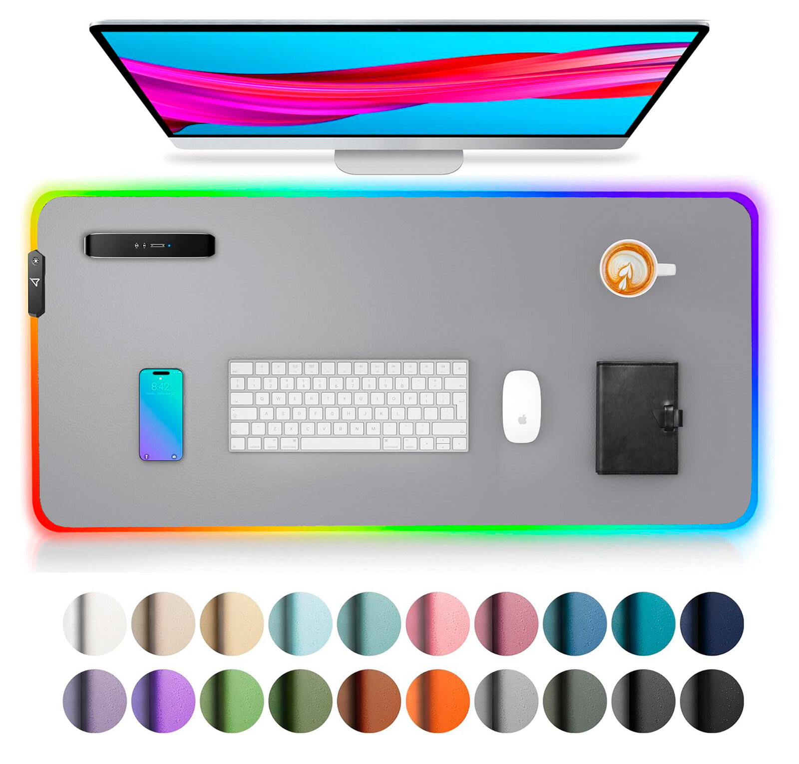 Коврик для клавиатуры и мыши с RGB подсветкой 40 см х 80 см , защитный, водонепроницаемый, кожаный, светло-серый