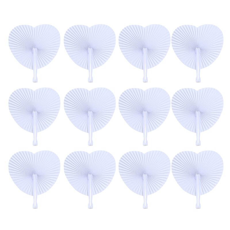 12pcs Paper Folding Fans Heart Blank Handheld Fan for Wedding Party Decor Home