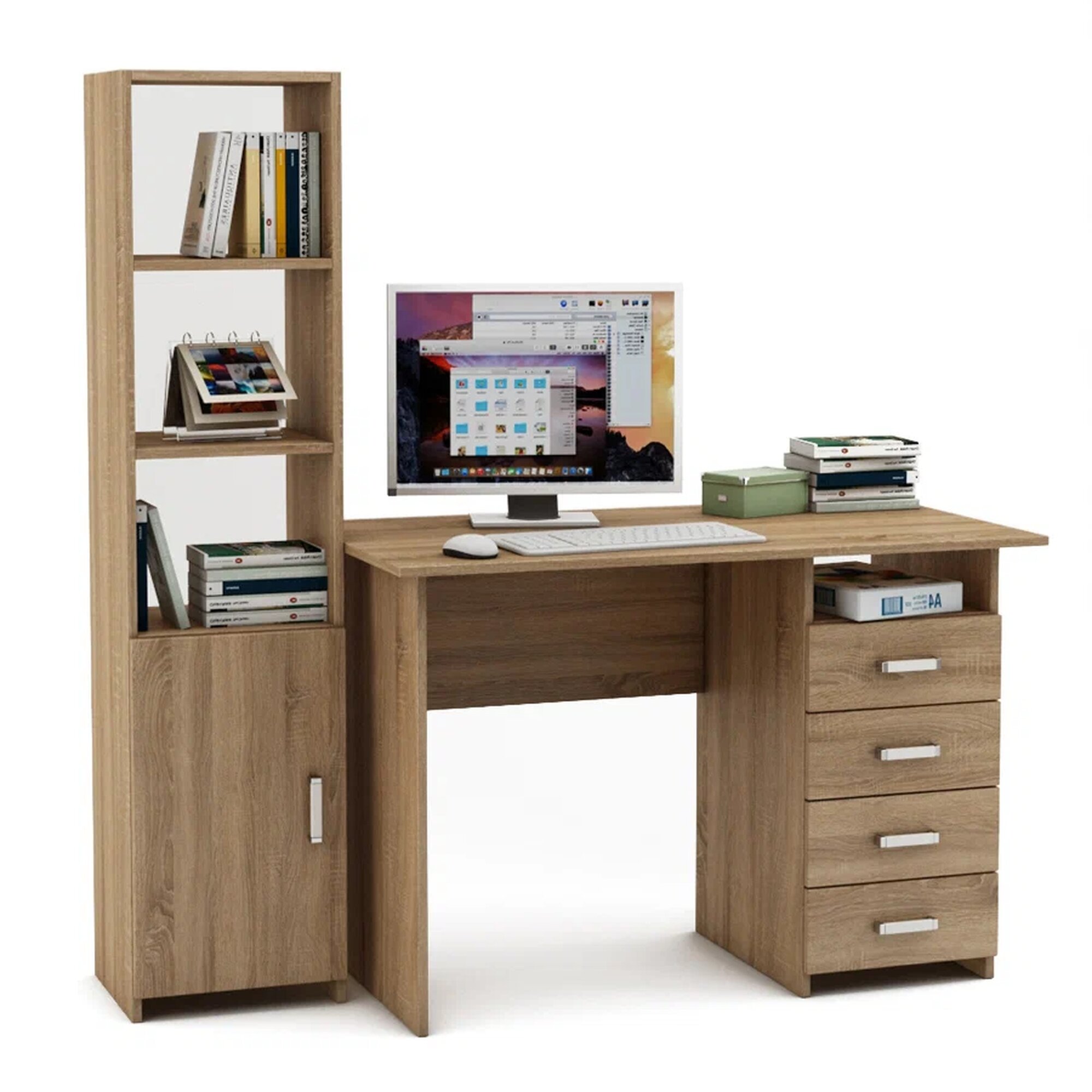 Письменный стол ВМФ Лайт (Ньюкасл) 5, со стеллажом, дуб сонома, ЛДСП, с ящиком для хранения