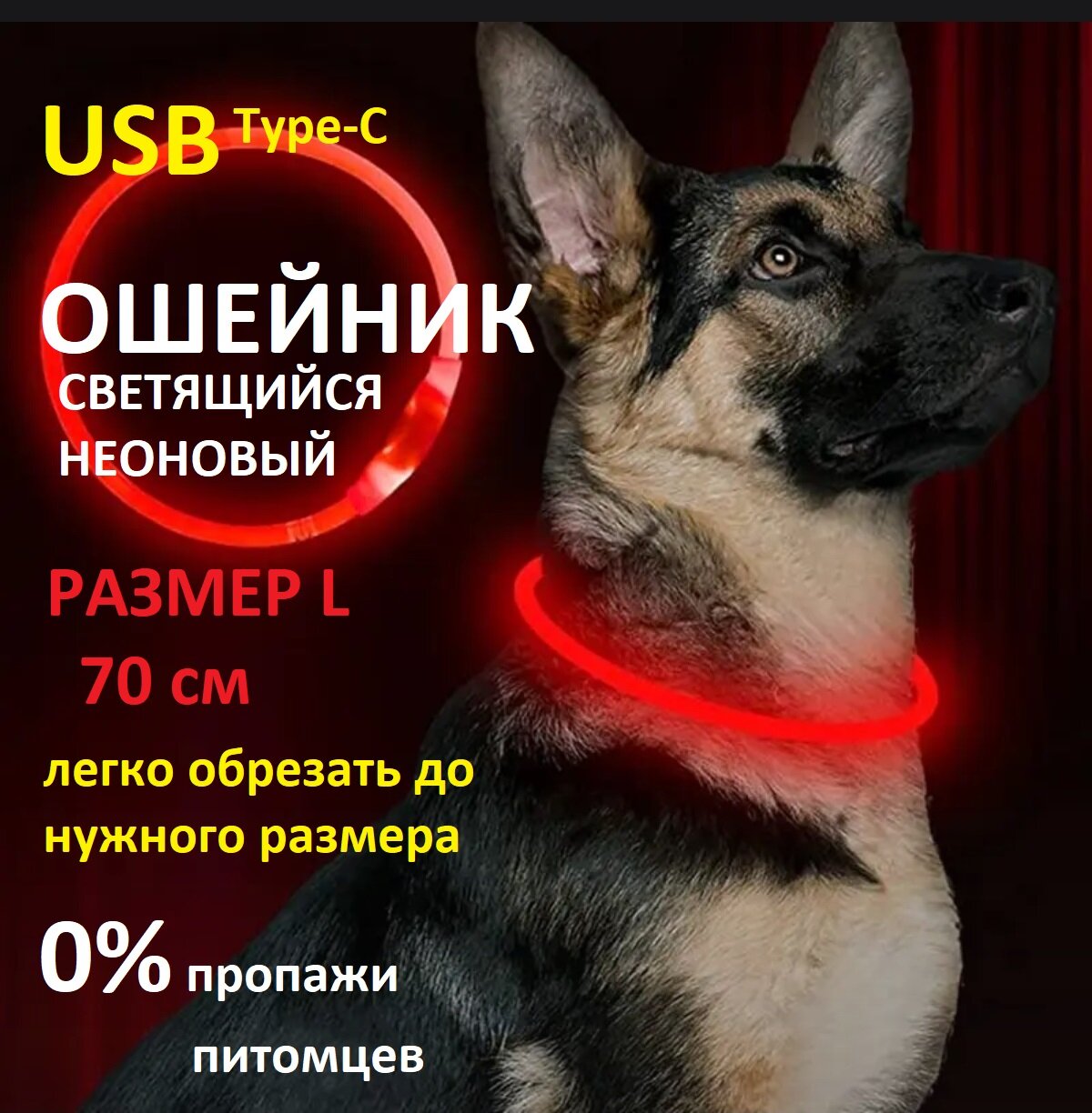 Светящийся ошейник для собак и кошек, красный, размер L 70см.