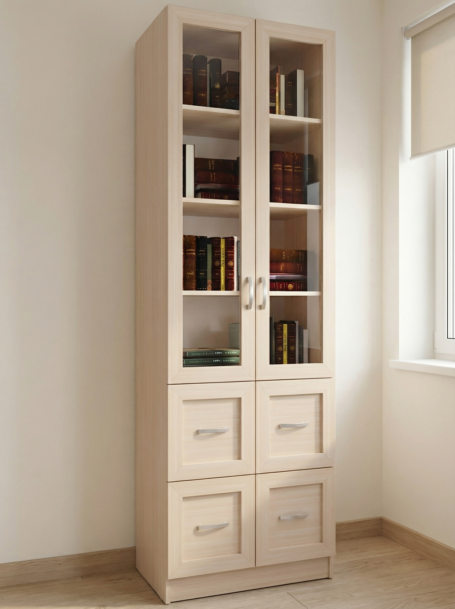 Шкаф книжный двухстворчатый Вита 2-4 с 4 ящиками, ШхГхВ: 68х38х210 см, дуб молочный