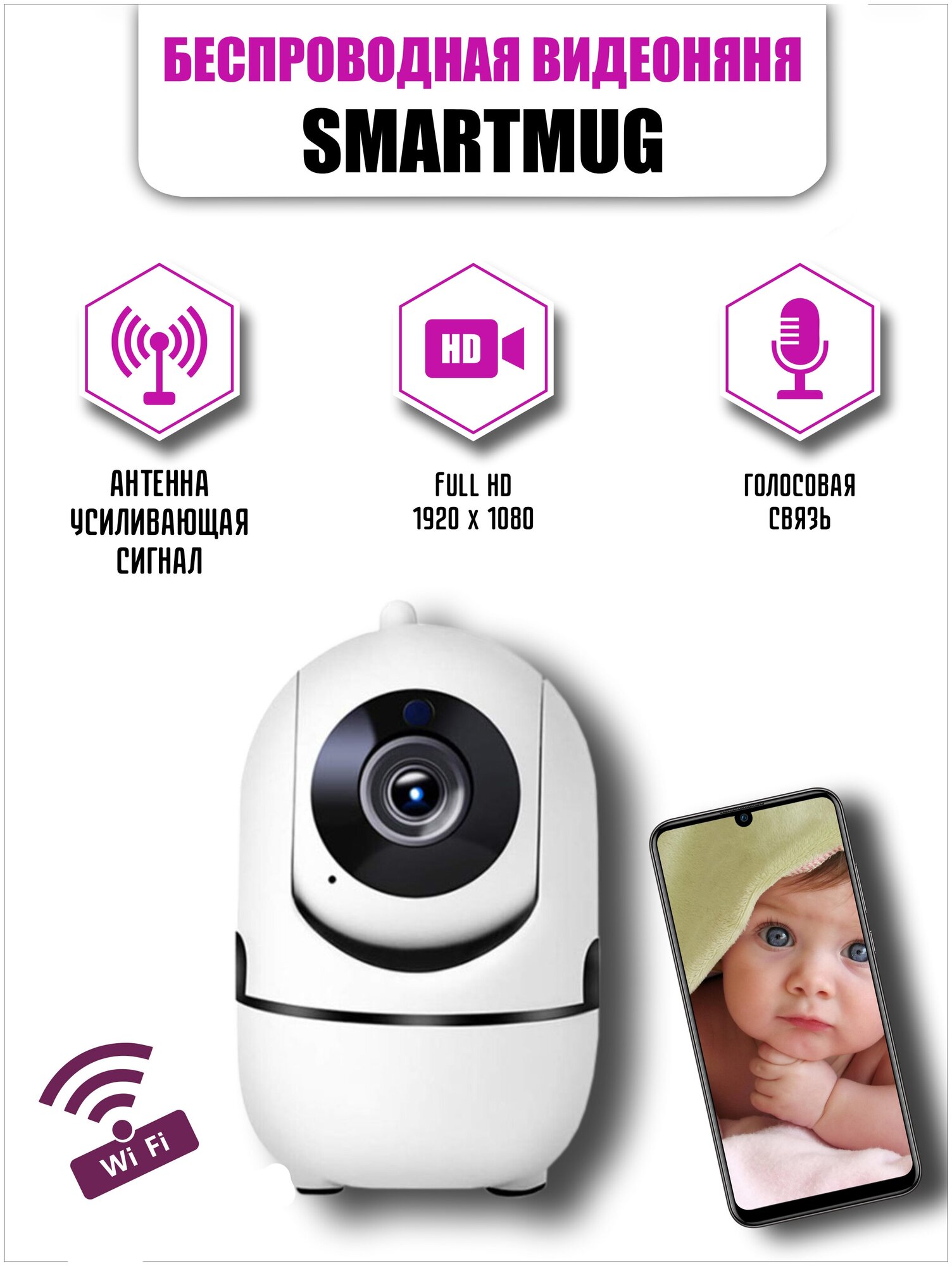 Видеоняня поворотная SmartMug Smart Camera, Wi-Fi, 360°, двусторонняя аудиосвязь, приложение V360 Pro, белая