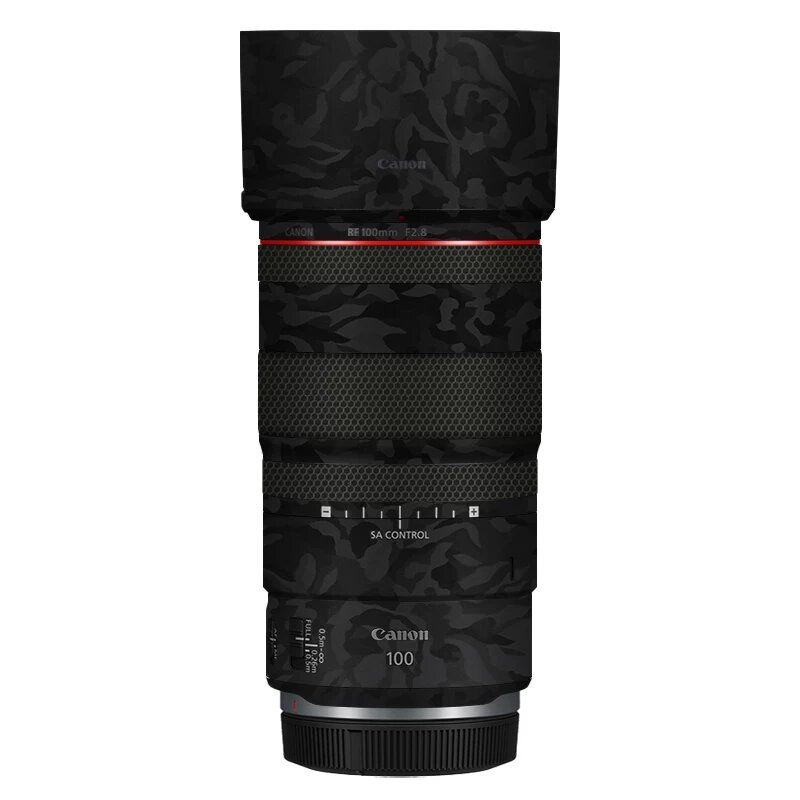 Защитная пленка для объектива Canon RF 100mm f/2.8 Macro с рисунком теневого камуфляжа черного цвета, прочная