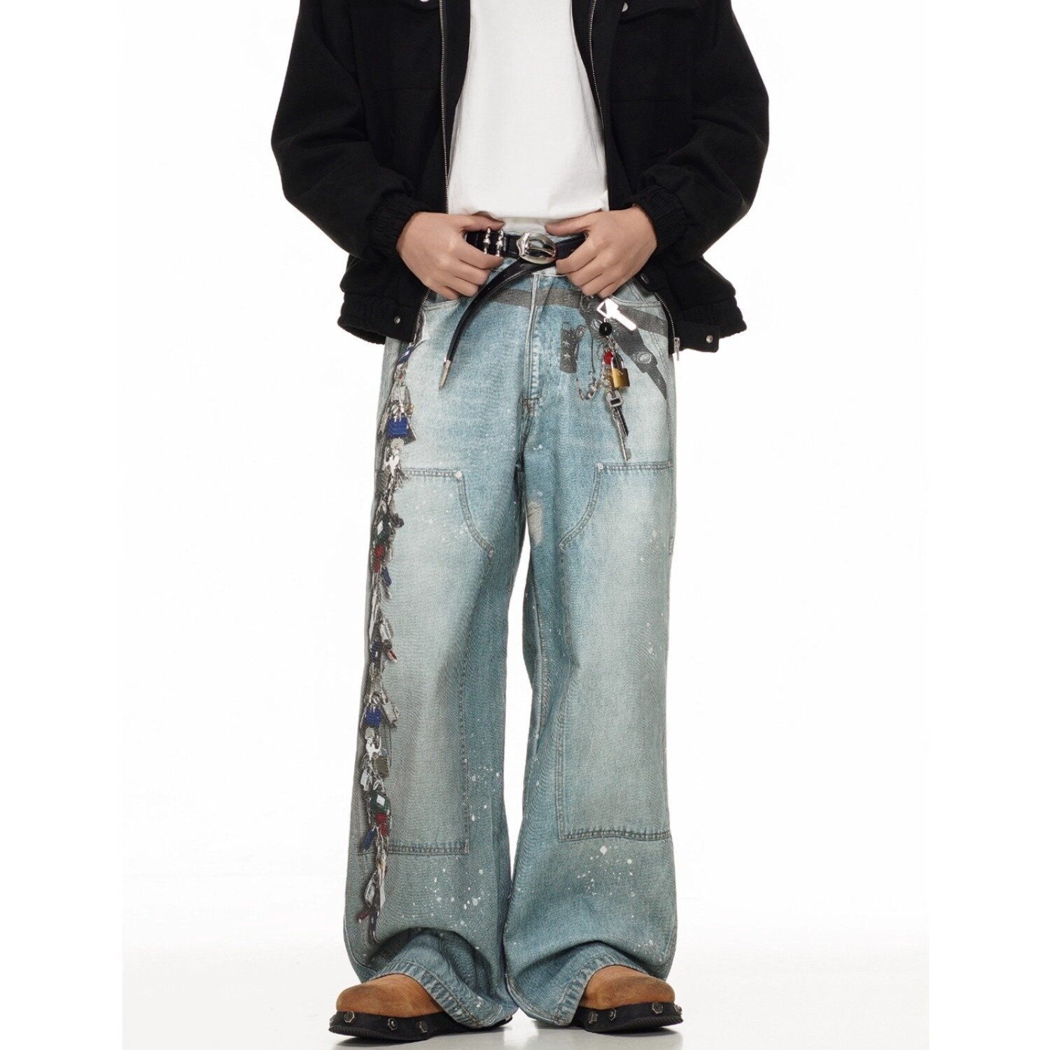 JYL Джинсы Парные Винтажные Страненные Синие Чистые Прямые Деним, Размер_L