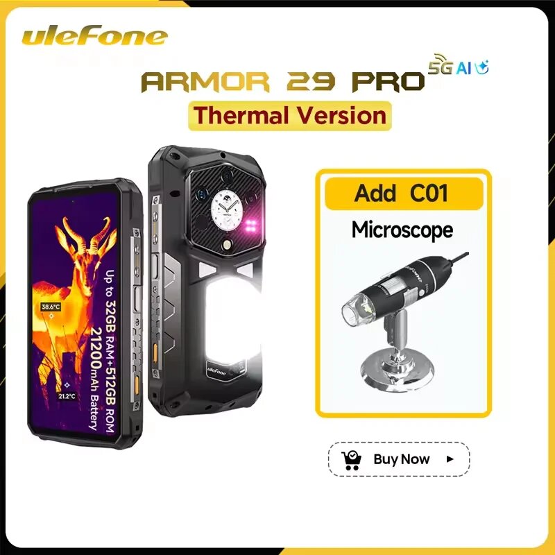 Ulefone Armor 29 Pro Thermal Version 5G Прочный телефон с искусственным интеллектом 16 ГБ + 512 ГБ 6,67 дюйма Android 15 64 МП Размер ночного видения 7400 Мобильный телефон US Plug, Add C01