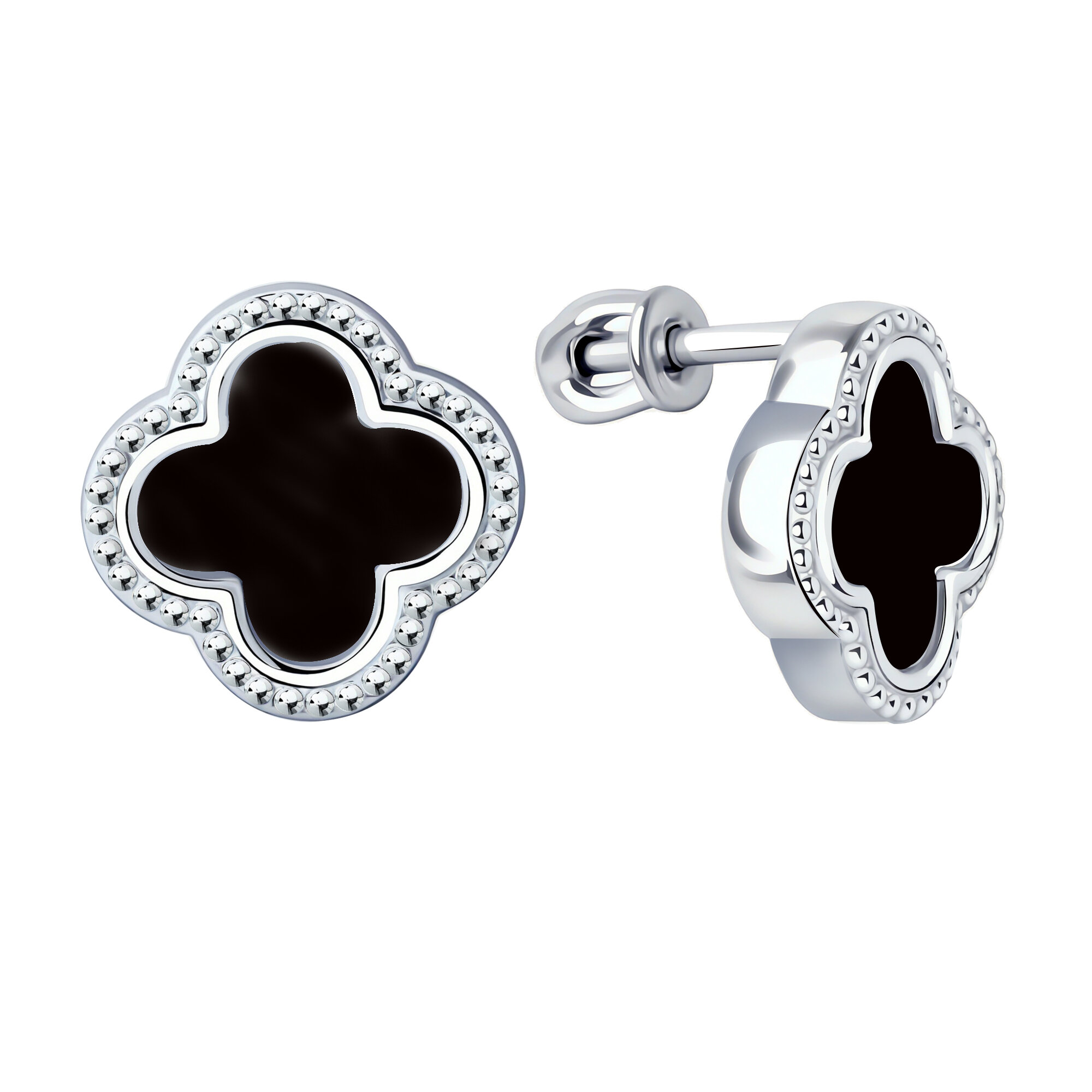 Серьги пусеты, серебро, 925 проба, родирование, оникс