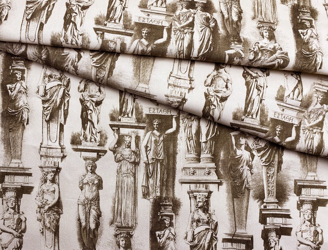 Ткань Джинса бежевого цвета с принтом старинная архитектура 12704