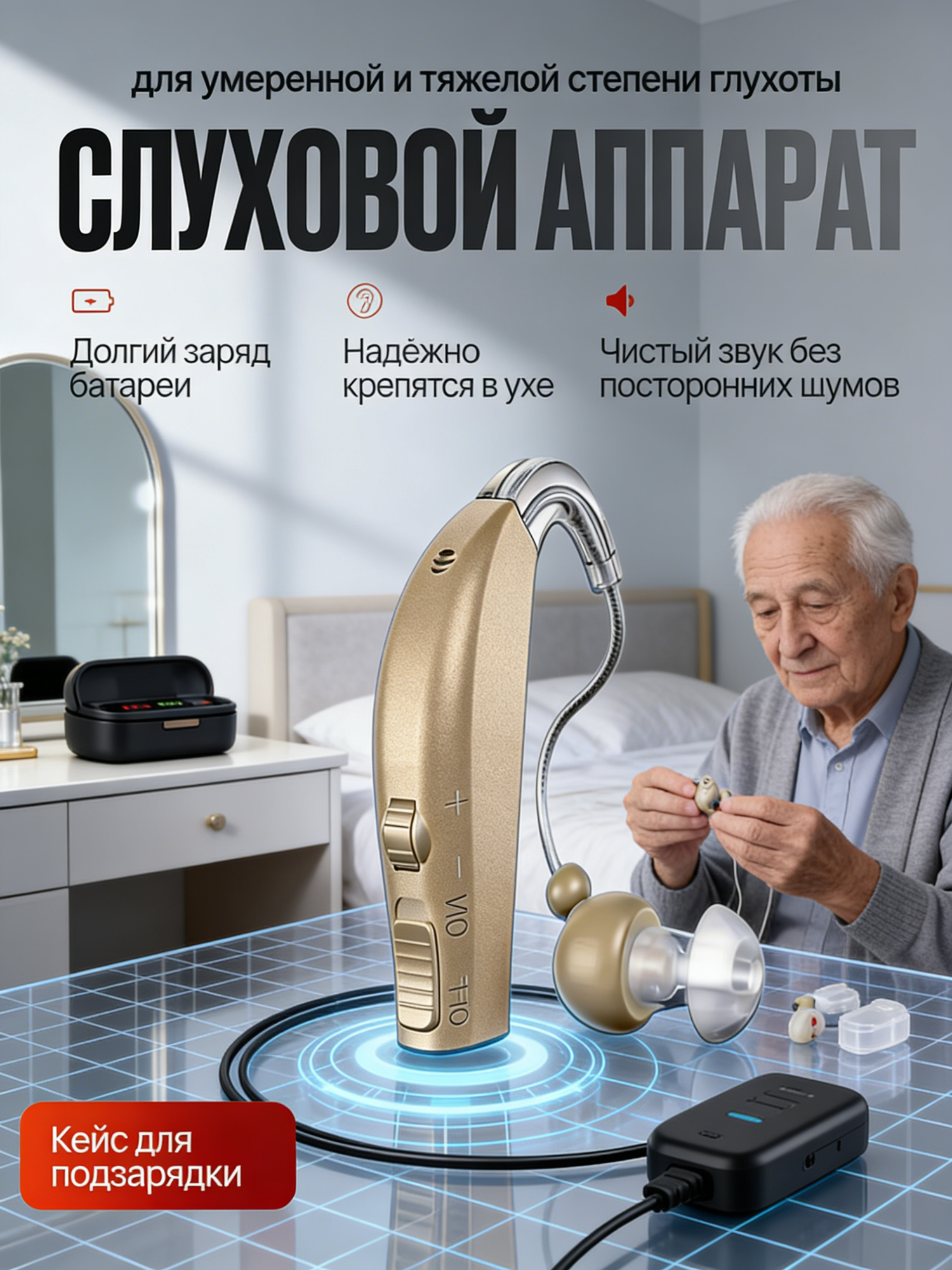 Накладной слуховой прибор с зарядным устройством для пожилых и взрослых