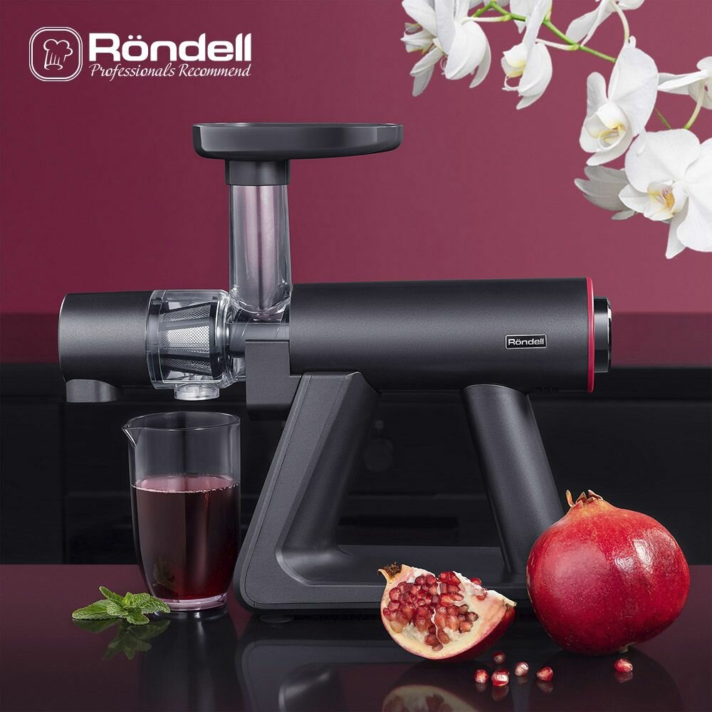 Соковыжималка шнековая Rondell RDE-1503, серая, DC мотор тихий, фильтр из нержавеющей стали, мощность 150 Вт, подарок женщине на 8 марта