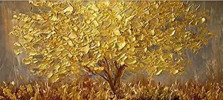 Абстрактная картина "Золотые листья и золотое дерево" на холсте 70x140cm no frame