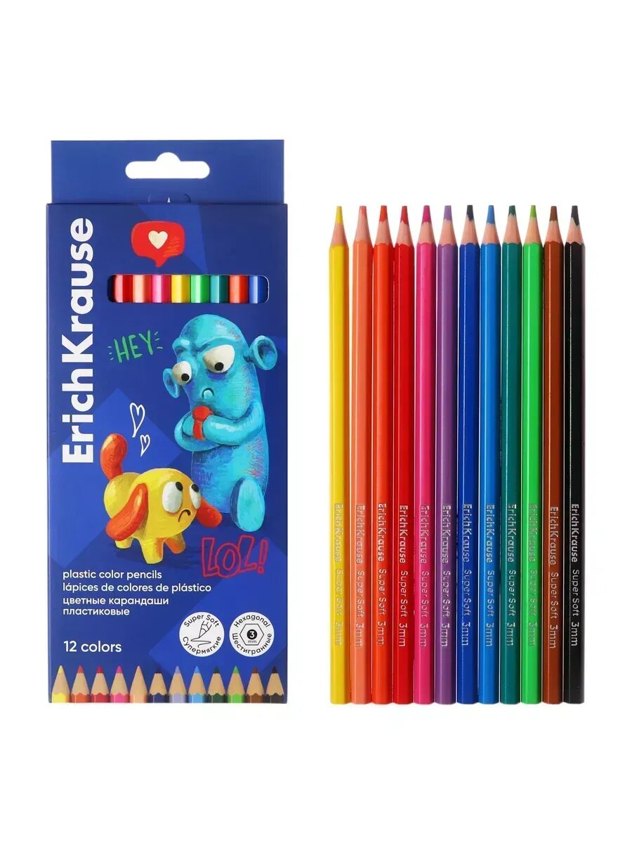 Карандаши 12 цветов, шестигранные, пластиковые