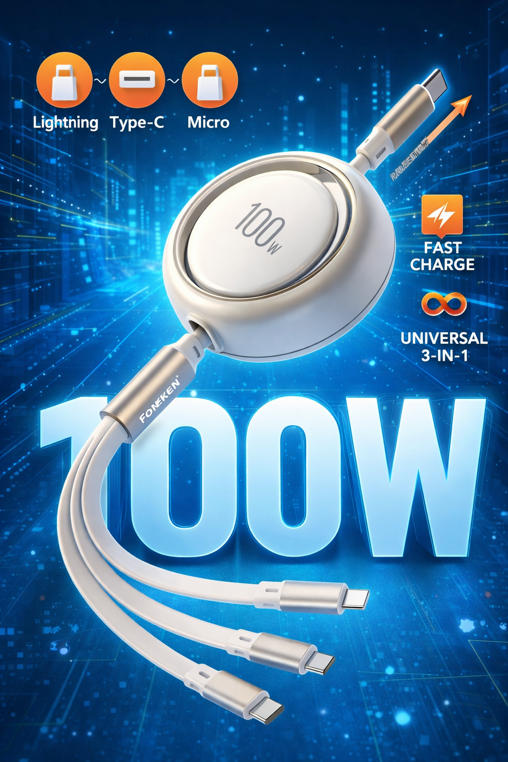 Кабель для зарядки и передачи данных 3/1, встроенный выдвижной механизм , 1.2 м