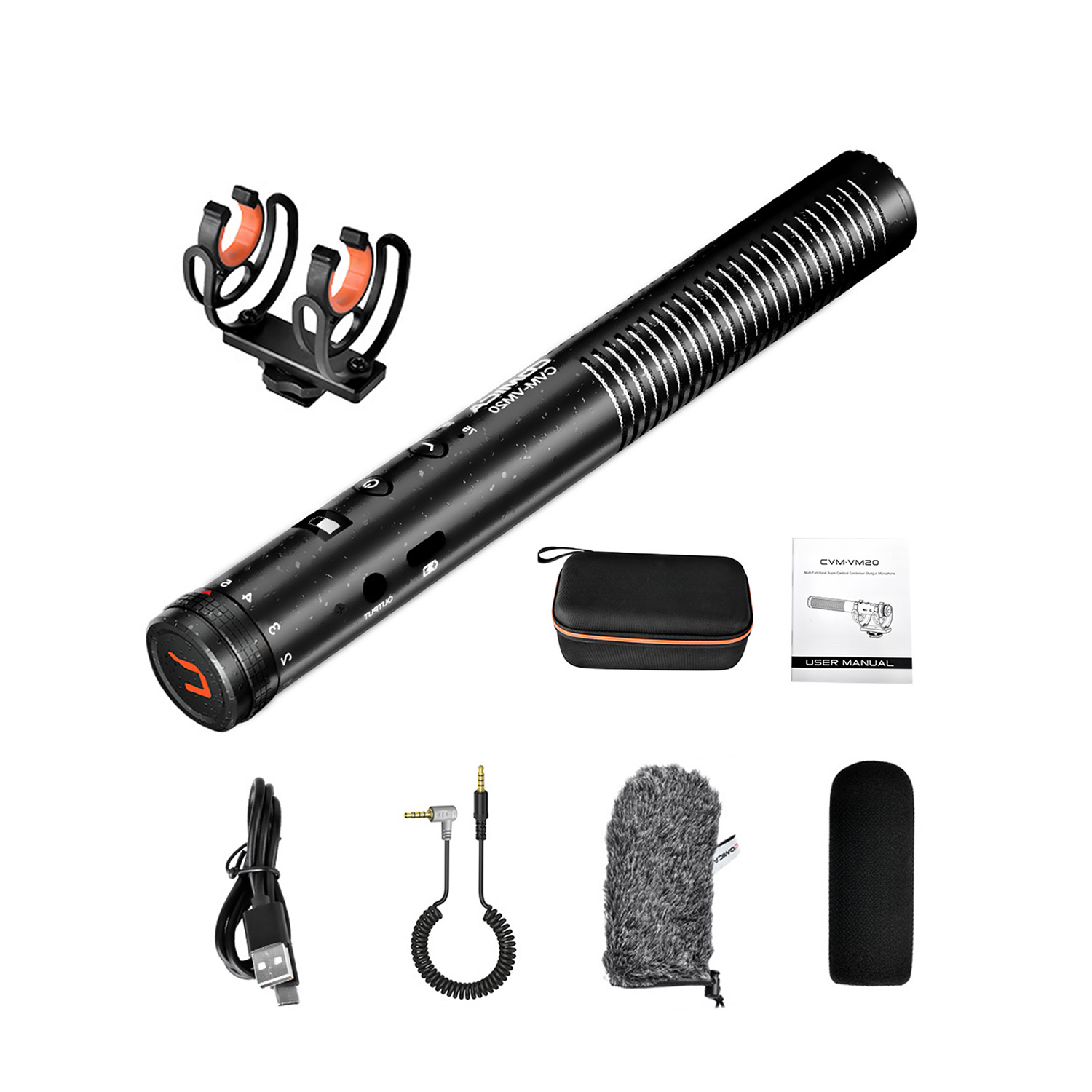 CVM-VM20 Черный Видеомикрофон Кардиоидный Конденсаторный 2-уровневый Лоу-Кат Отсеивание Шума 3.5мм Мониторинг С Щелковым Подвесом Ветровыми Фильтрами Сумкой Встроенная Батарея 300mAh Для Смартфона DSLR Зеркальный