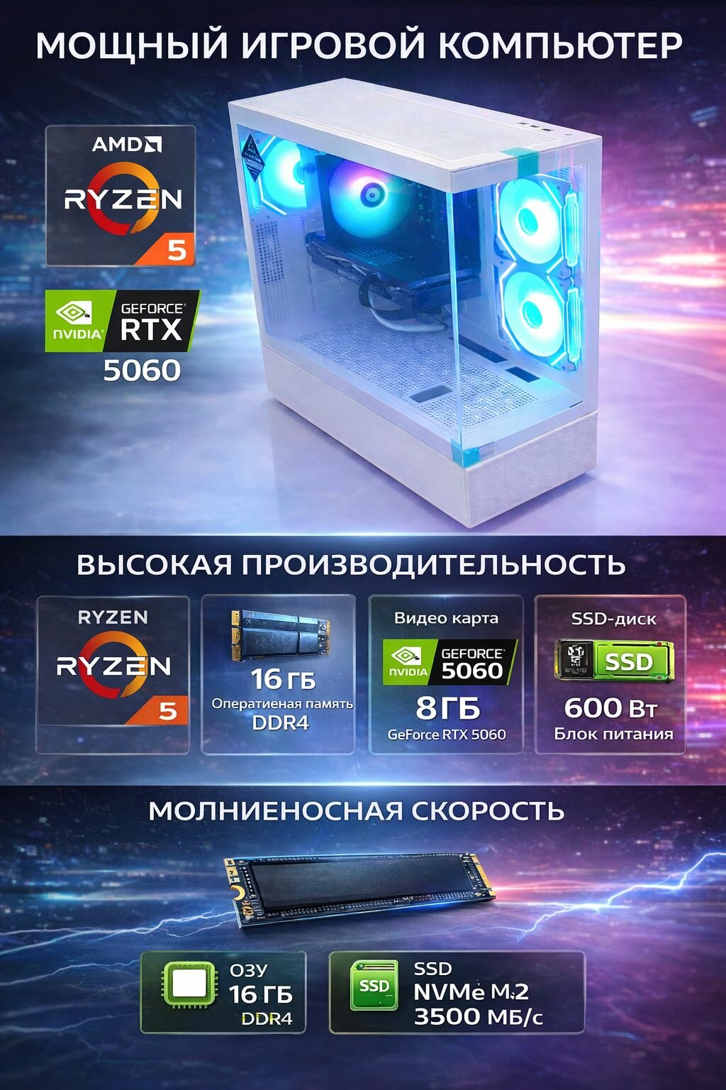 Игровой компьютер (AMD RYZEN 5 5500, NVIDIA GeForce RTX 5060, RAM 16 ГБ, SSD 512 ГБ ), белый