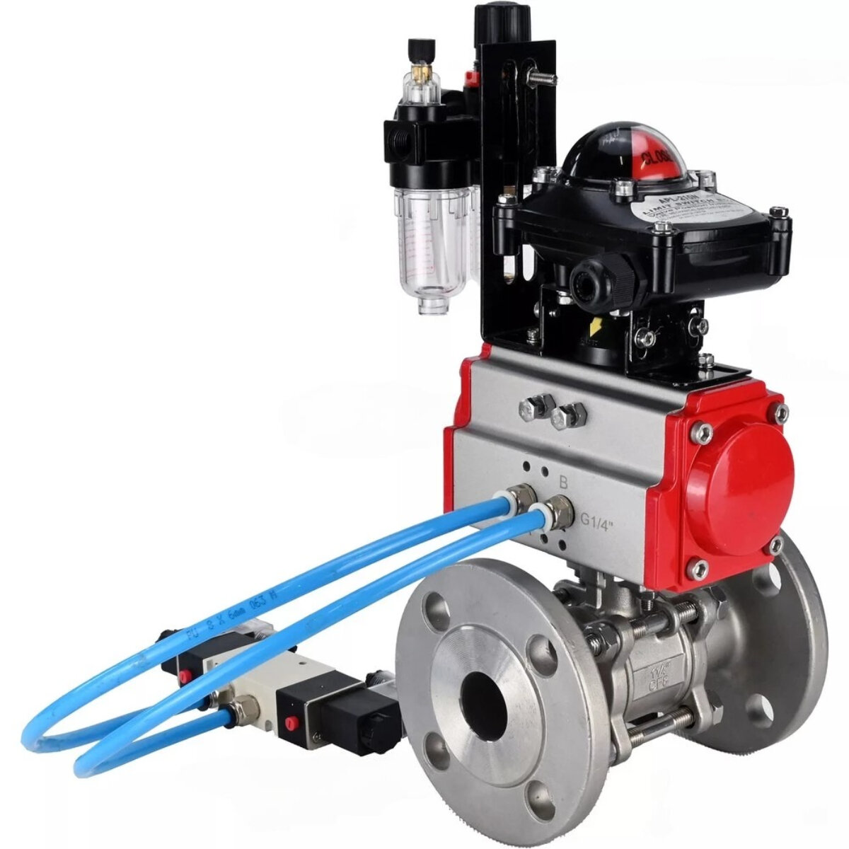 Кран шаровой DN.ru кшфпт.304.180 Ду100 Ру16 полнопроход. трехсоставной, фланц, нерж. сталь 304, PTFE, 22х22, F10, WDVF, с пн. приводом DN. ru DA-105, пн. распред. PND2-S1EM-52-1NC-J08-24VDC, БКВ LSB-410-02ExM12-250 и БПВ APU1-10-40-V08 (опрессовано)