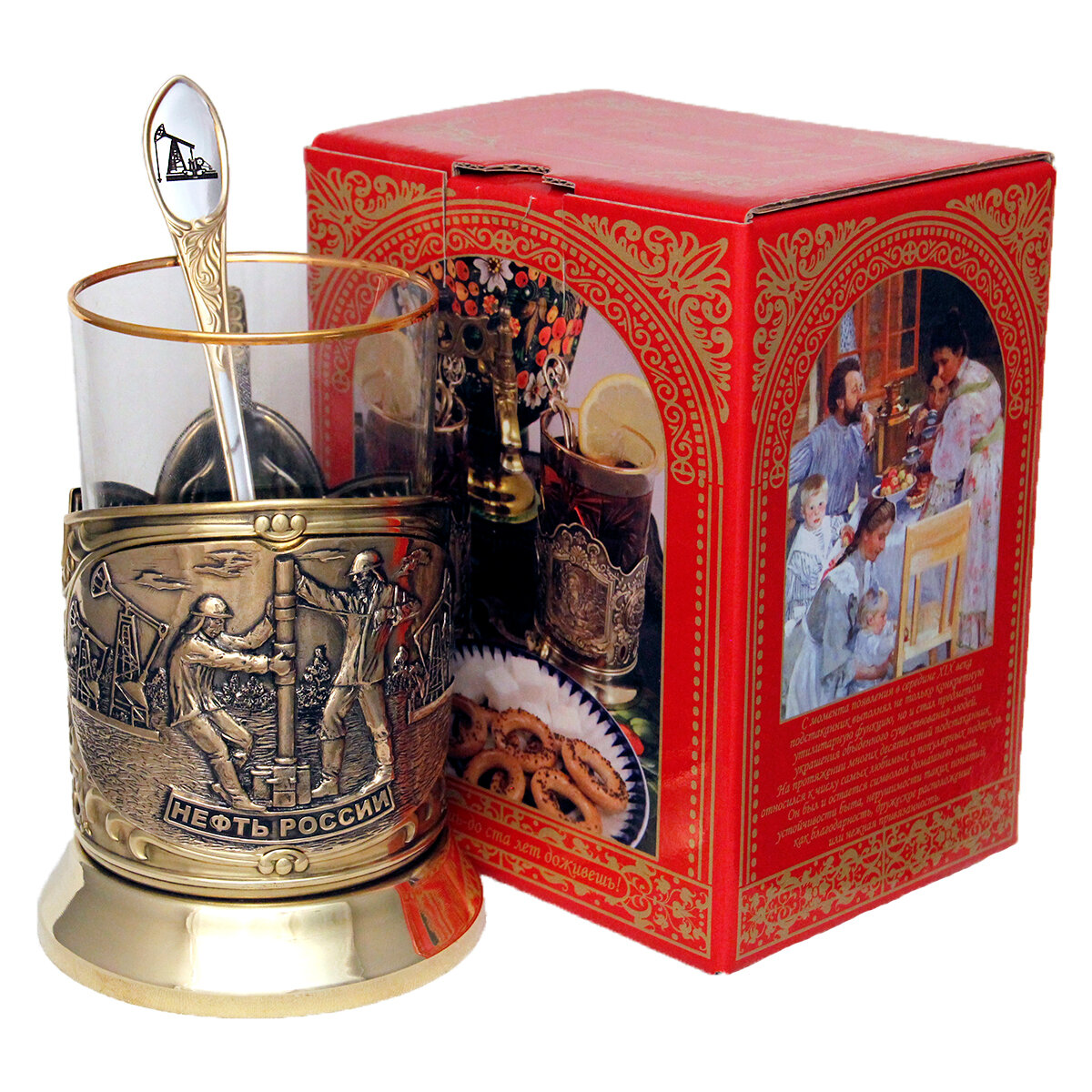 Набор для чая "Нефть" (3 пр.) (стакан - стекло с зол. ободком, картонная коробка, ложка нерж. сталь зол.) ПДЛ-450КС