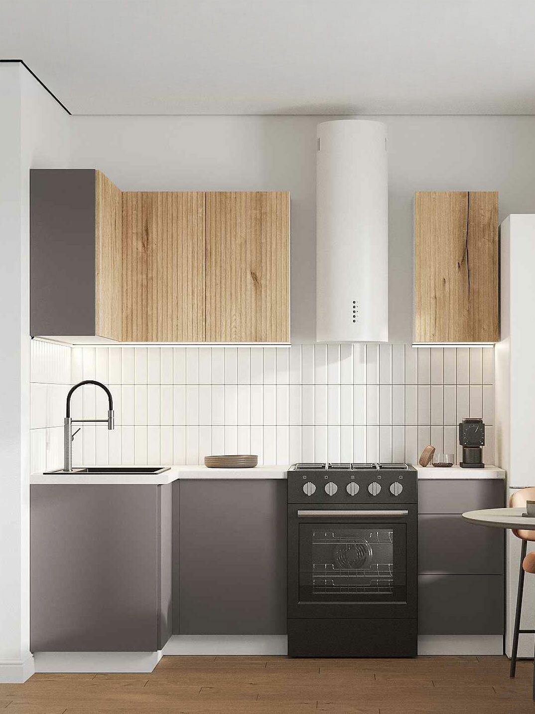 Кухонный гарнитур угловой Комби 2.1х1 м, мебель для дома и кухни, Белый / Дуб Торонто / Грей