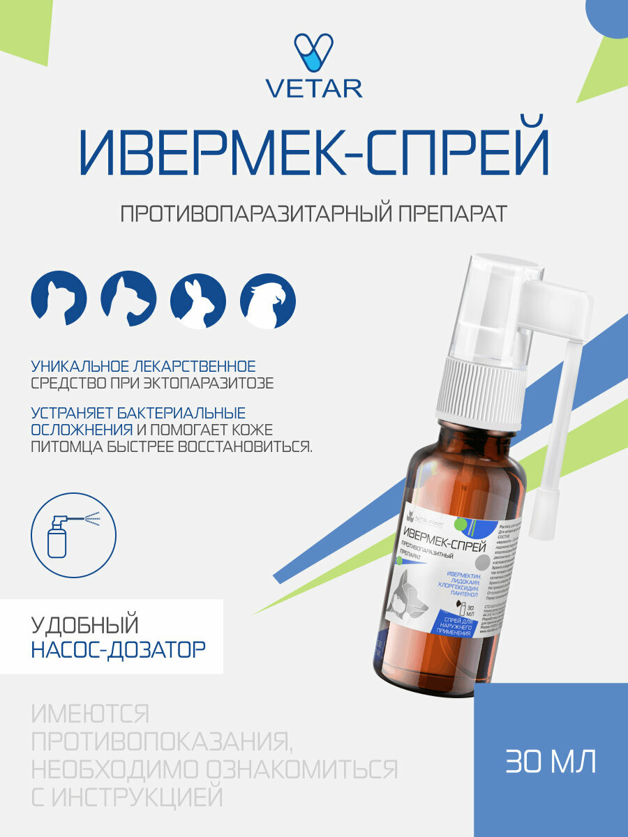NITA-FARM Ивермек спрей противопаразитный для кошек, собак, декоративных грызунов и птиц, 30 мл