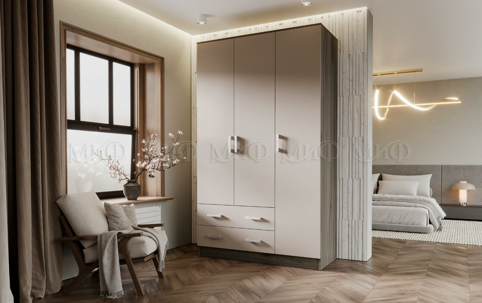 Шкаф трехстворчатый для одежды, 2 ящика 3 двери 4 полки 1 штанга, МИФ, 120х201.6х52 см, ЛДСП, Кашемир / Дуб крафт серый