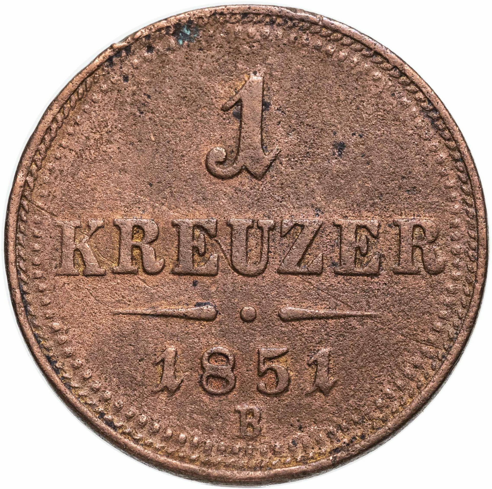 Австрия 1 крейцер kreuzer 1851, знак монетного двора "B" - Кремница, Медь, в сохранности F