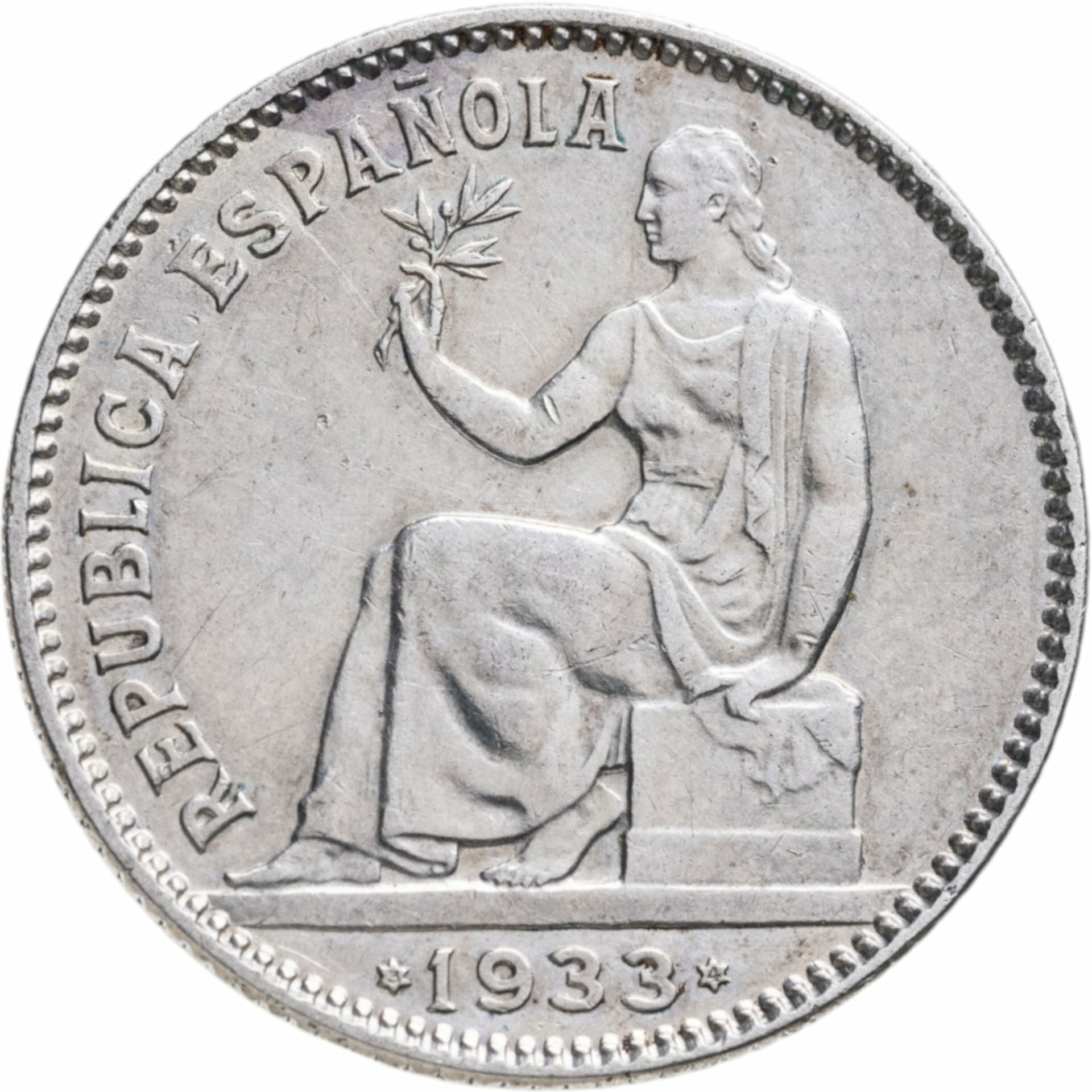 Испания 1 песета 1933, Алюминий 835, в сохранности XF