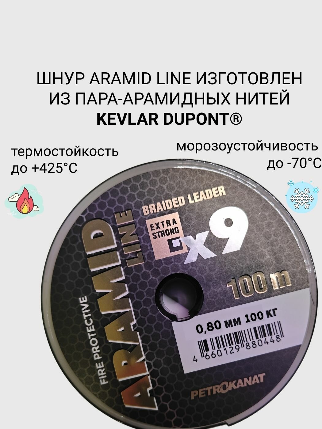 Шнур кевларовый (поводковый материал) ARAMID LINE 0,8мм (100м) черный