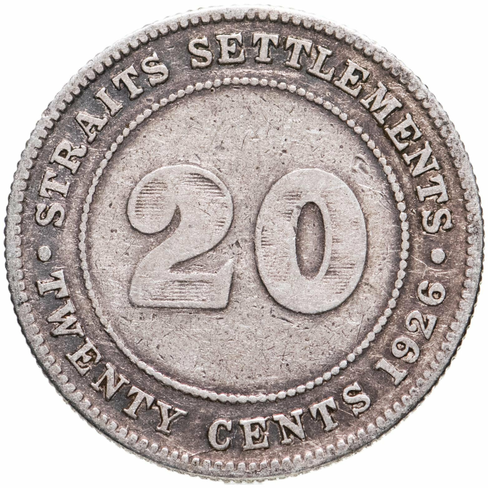 Стрейтс Сетлментс 20 центов cents 1926, Серебро 600, в сохранности F-VF