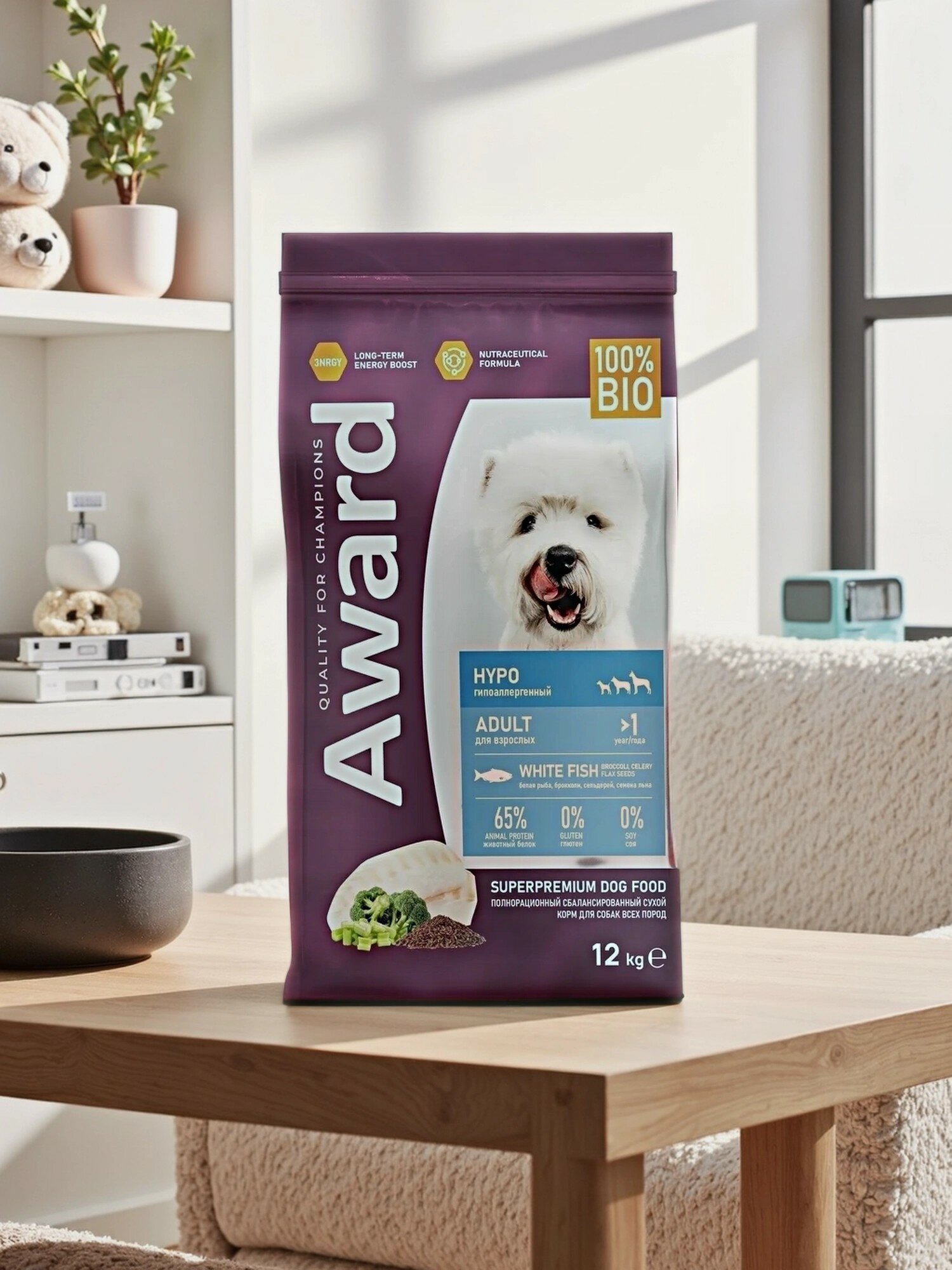 Сухой корм AWARD HYPO для взрослых собак с белой рыбой, брокколи, сельдереем и семянами льна 12кг