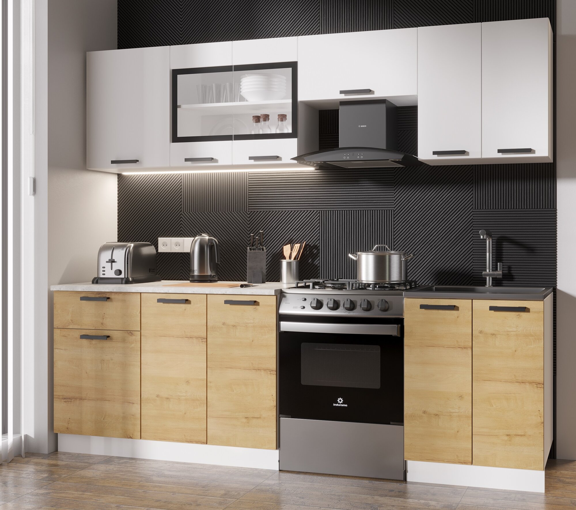 Кухня Хозяюшка 1,8м + ГАЗ 600 (столешница в к-те Калаката 1,2м), Белый/Дуб вотан