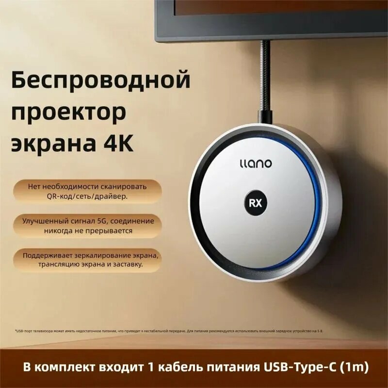 LLANO Беспроводной HDMI адаптер 4K: Plug&Play для ТВ, 5.8G, режимы экрана, для iPhone/Android/ноутбука, без Wi-Fi