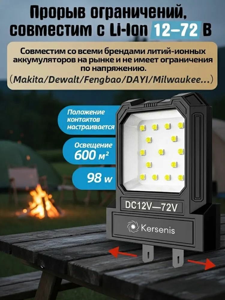 Kersenis универсальная светодиодный рабочий фонарь 12-80V. совместим с аккумуляторами типа M*kita/Dewalt/Fengbao/DAYI, длительное использование на стройплощадках (без аккумулятора)