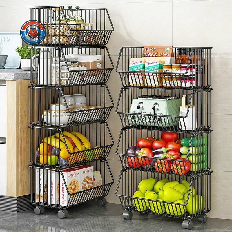 Мобильный стеллаж корзинный на колесиках, 4 сетчатые корзины, универсальный органайзер для кухни, кладовой и ванной, компактный металлический стеллаж для продуктов и бытовых мелочей, черный