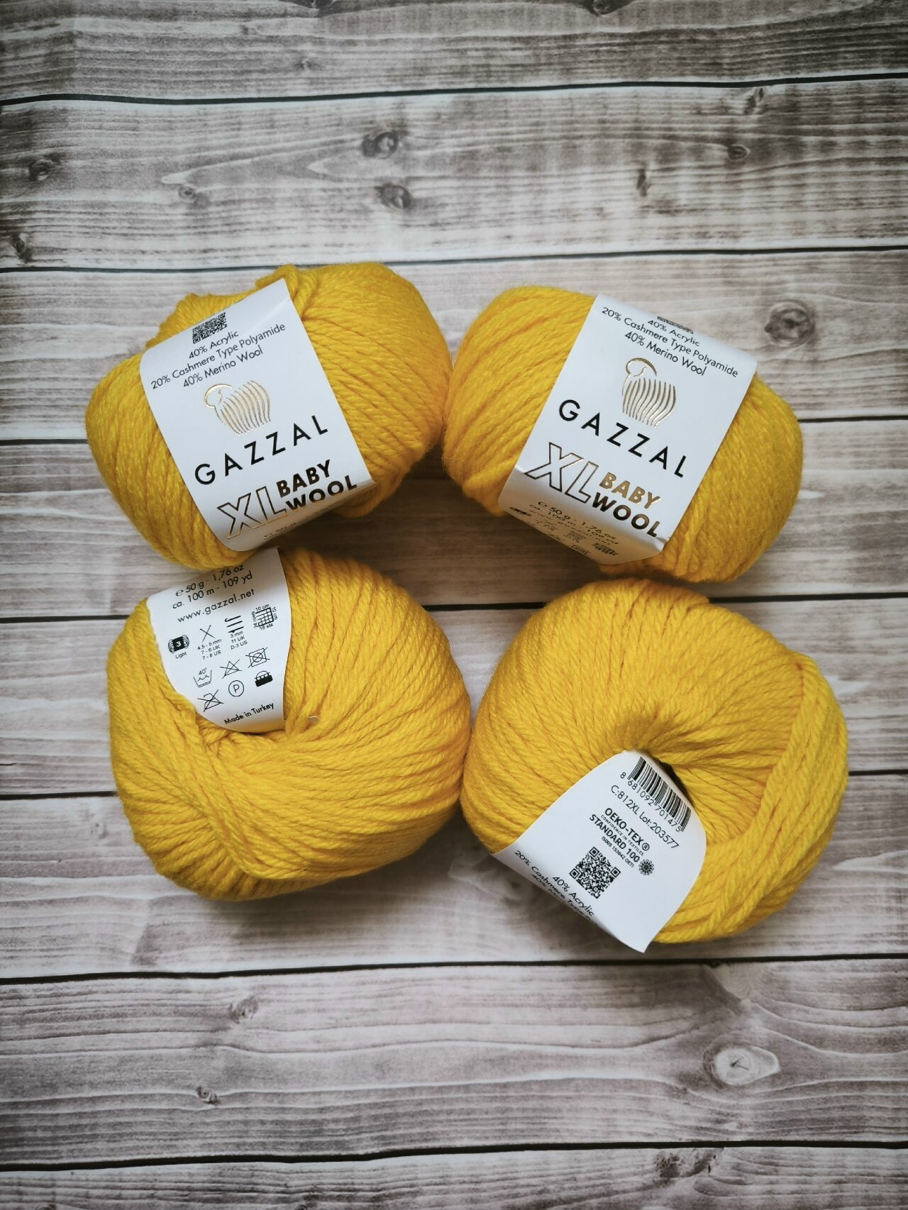 Пряжа Gazzal Baby wool XL, цвет 812 xl желтый, набор 4 мотка, вес мотка 50 гр, длина нити 100 м