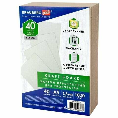 2 шт. Картон переплетный, толщина 1,5 мм, А5 (148х210 мм), комплект 40 шт. BRAUBERG ART, 665559