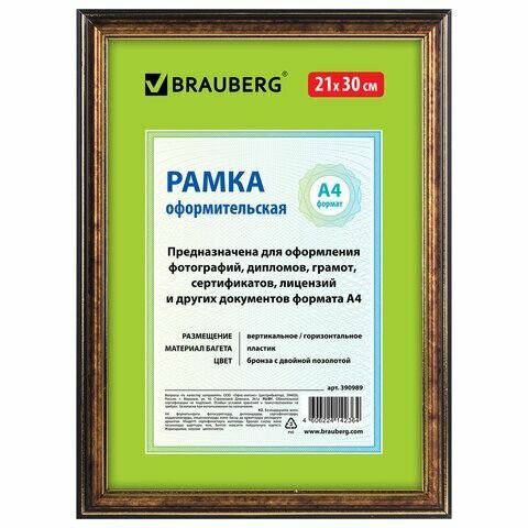 3 шт. Рамка 21х30 см, пластик, багет 20 мм, BRAUBERG "HIT3", бронза с двойной позолотой, стекло, 390989