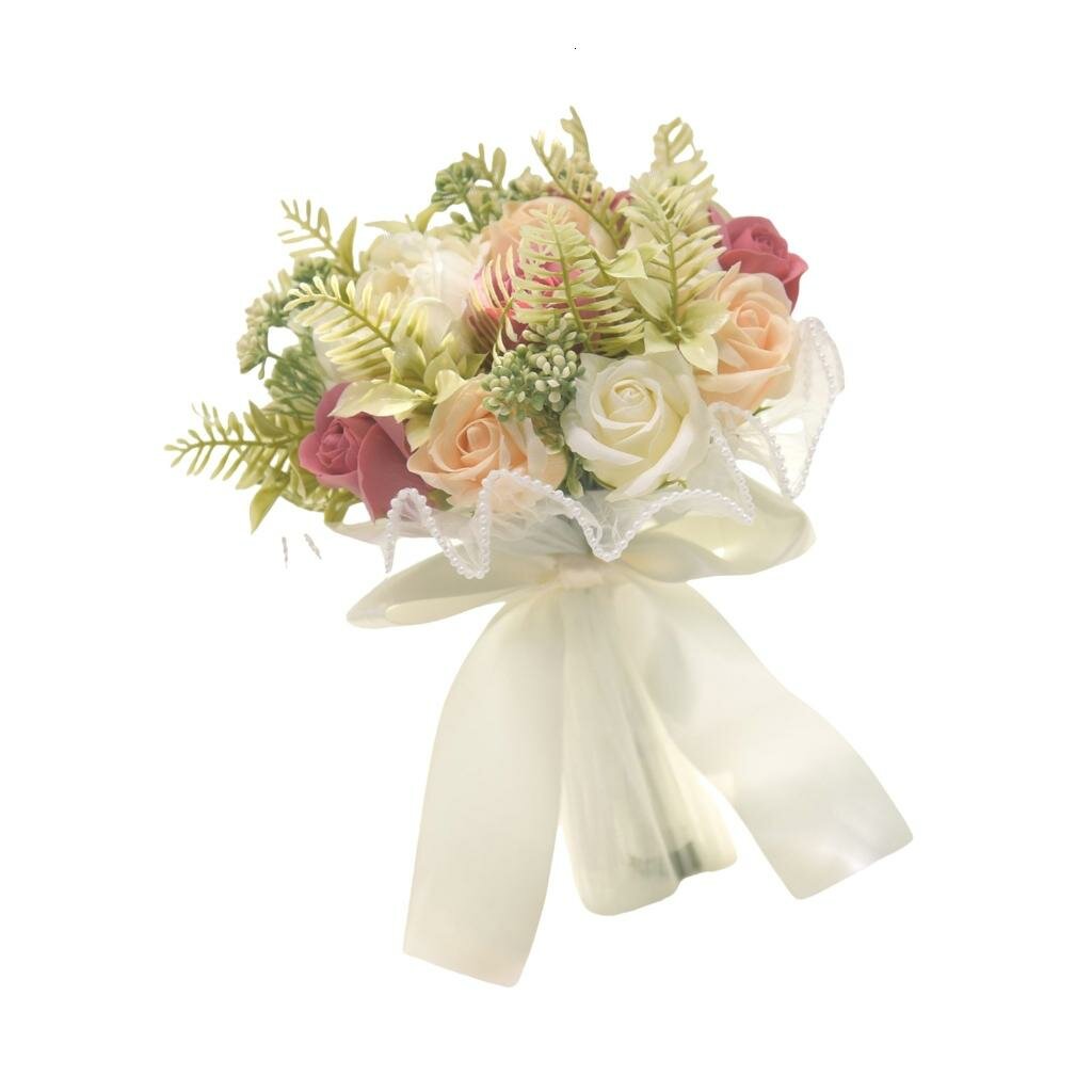 Букет невесты ручной работы из искусственных роз и пионов белого, оранжевого и шампанского цветов, Бобовая паста